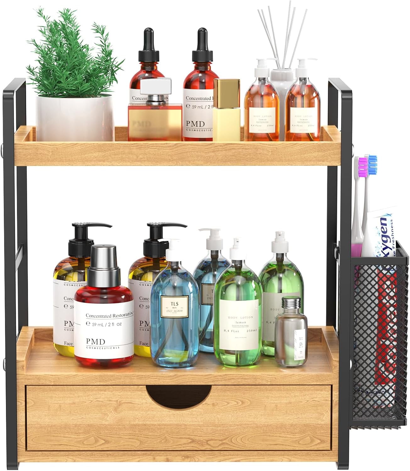 2-Tier Bathroom Organizer with Drawers and Baskets, Multi-Purpose ...