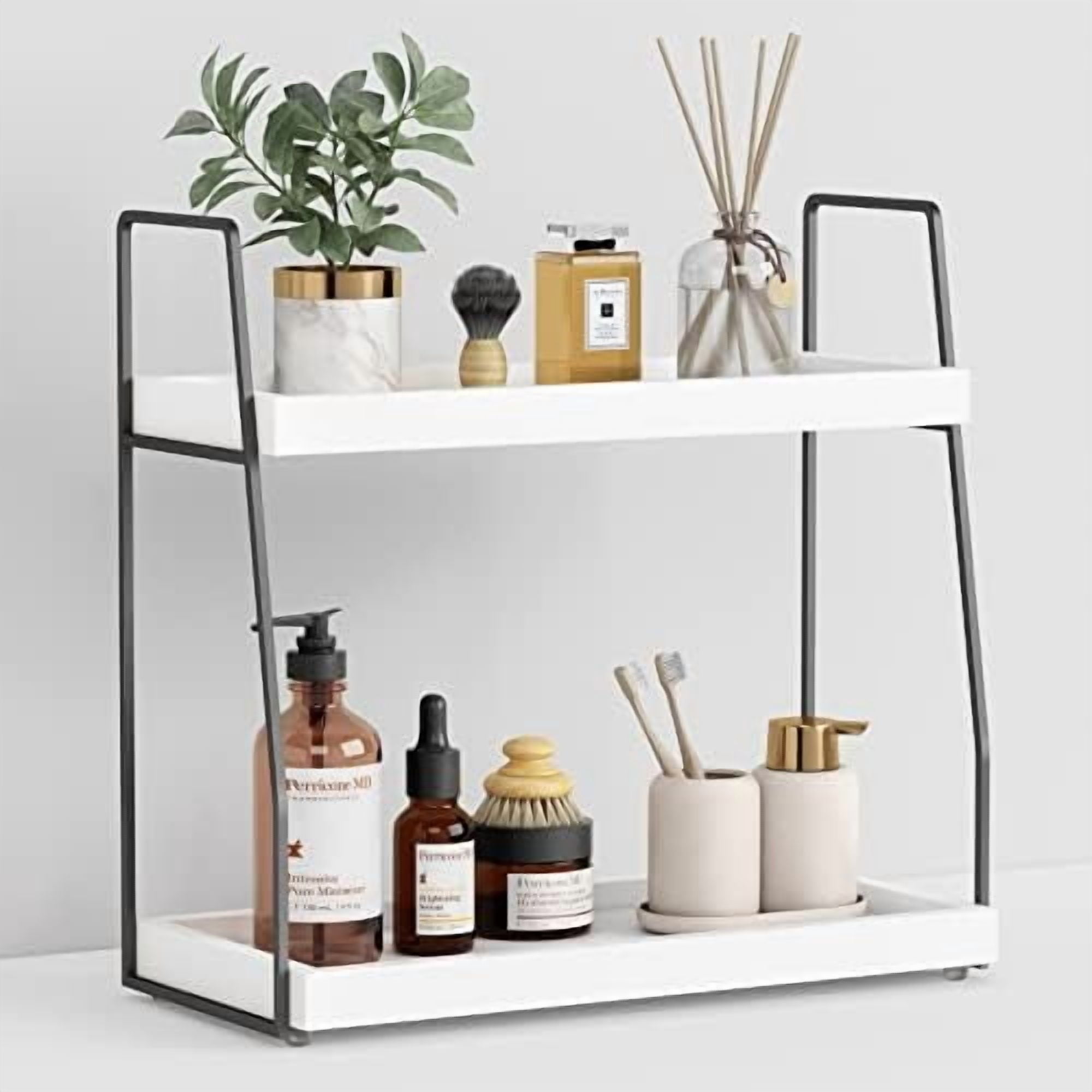2 Tier Bathroom Counter Organizer, White and Grey Coffee Bar Organizer ...