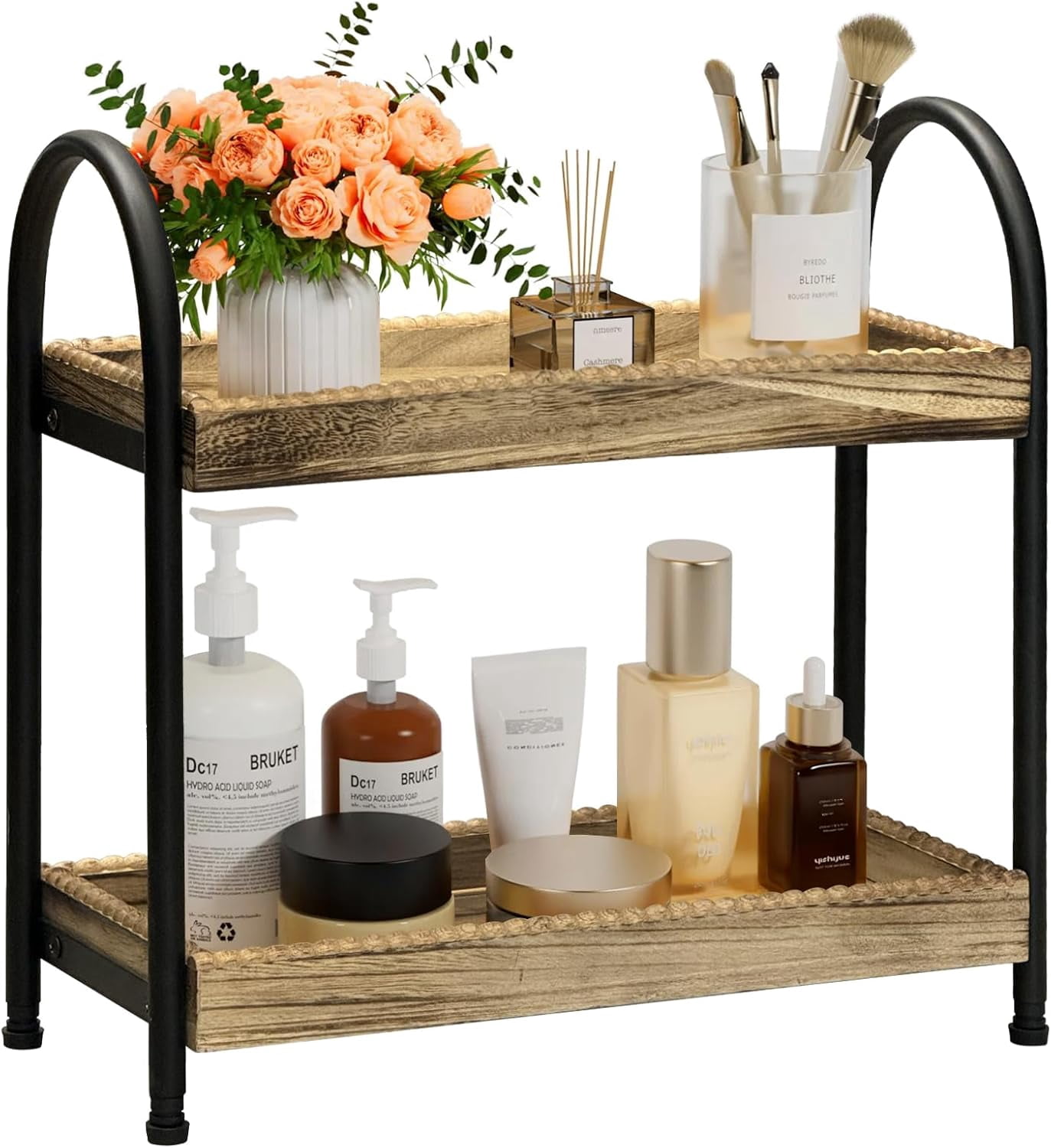 2-Tier Bathroom Countertop Organizer, Wood Bead Storage Shelf, Mordern ...