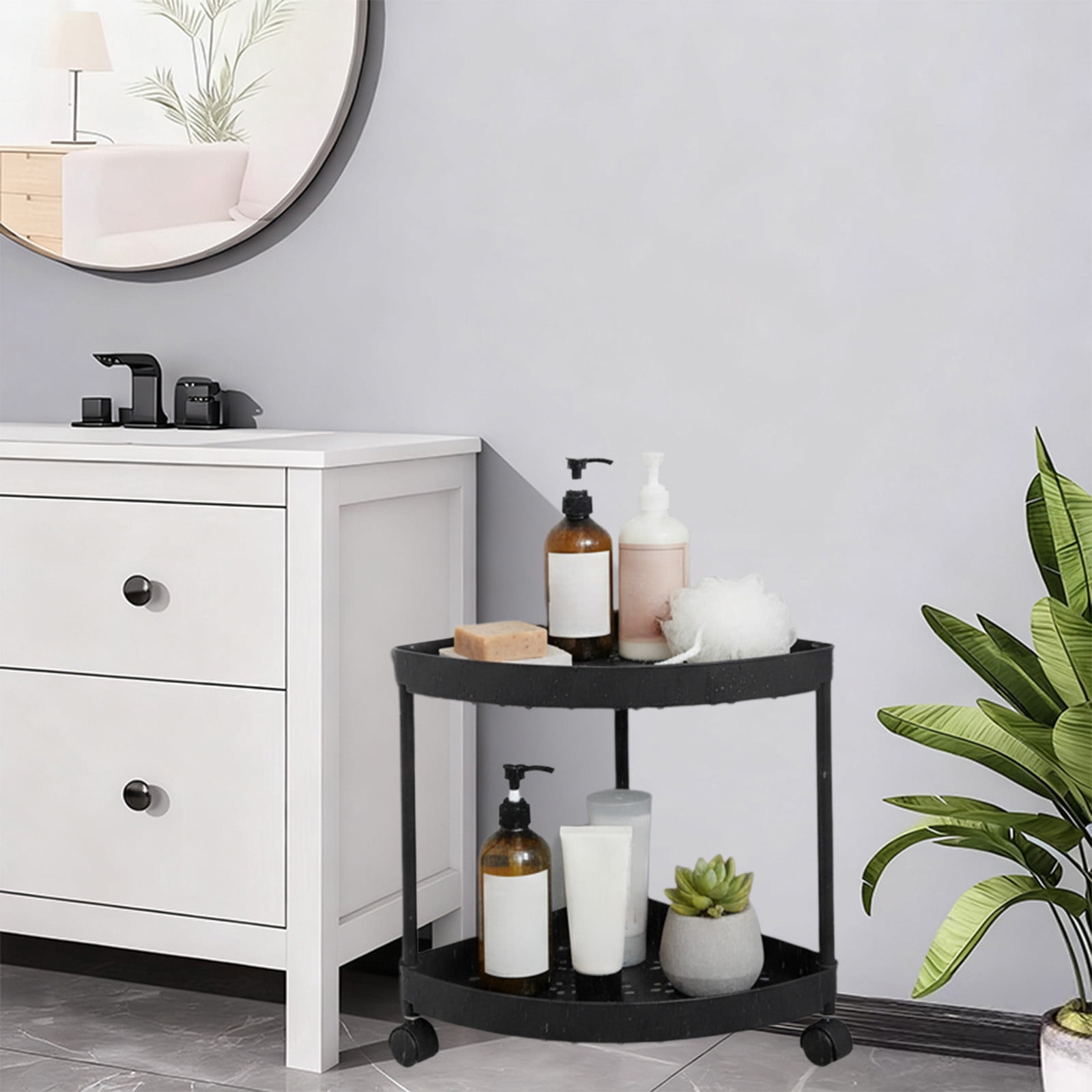 2 Tier Bathroom Freestanding Corner Storage Rack With Wheel,Movable Vanity Organizer Corner ...