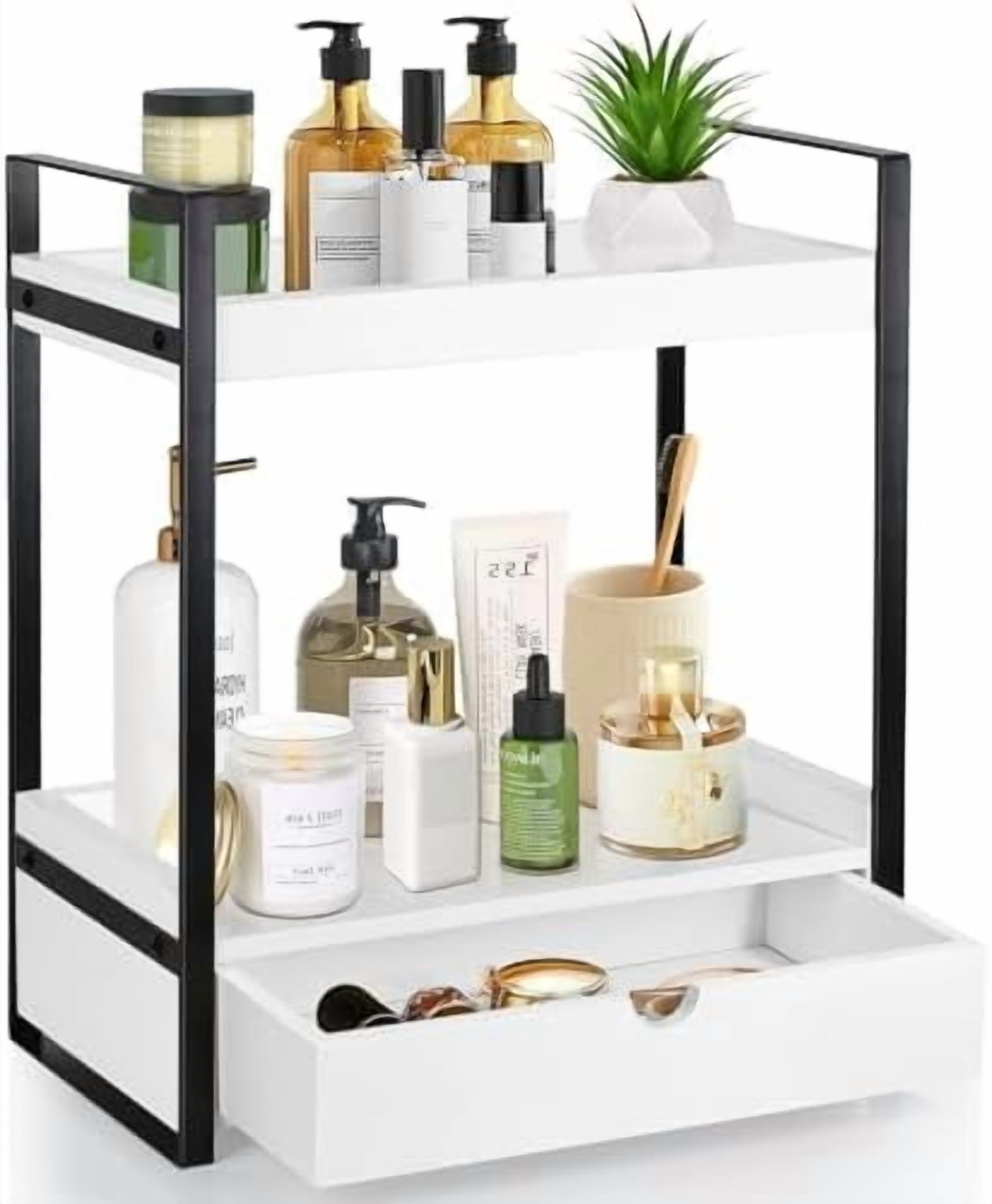 2-Tier Bathroom Organizer Countertop with Drawer, Wood Counter Shelf ...