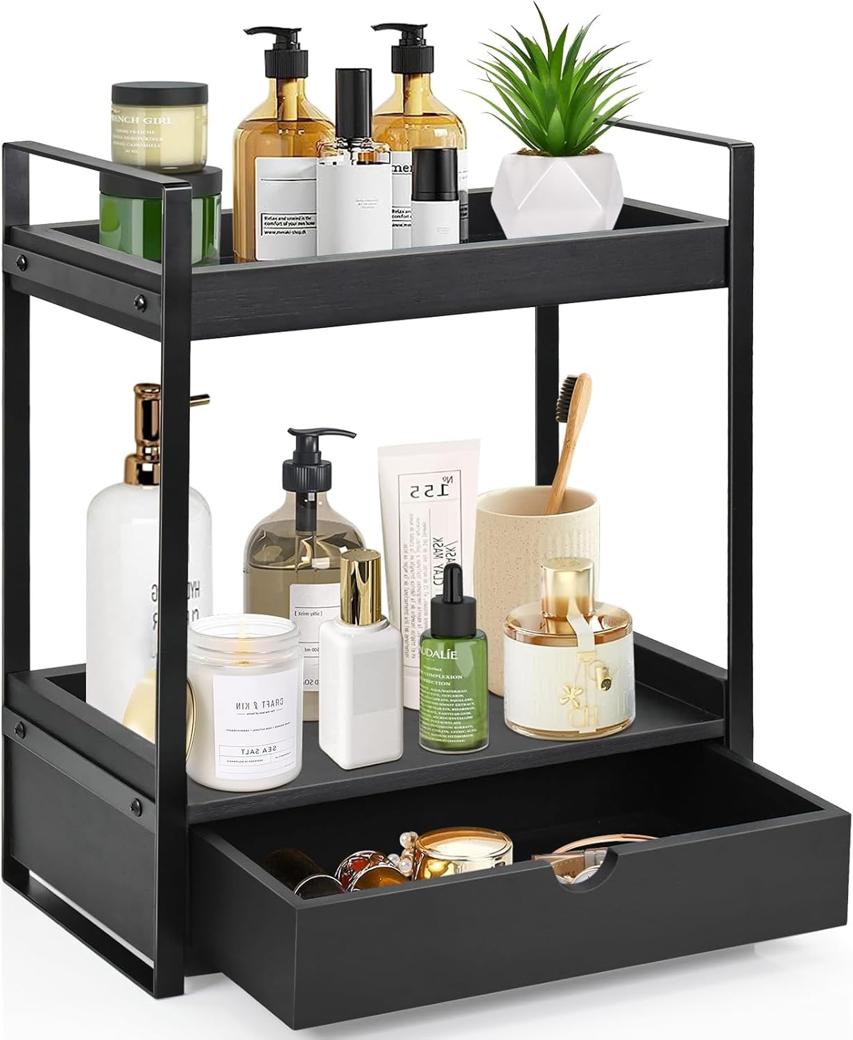 2-Tier Bathroom Organizer Countertop with Drawer, Wood Counter Shelf ...