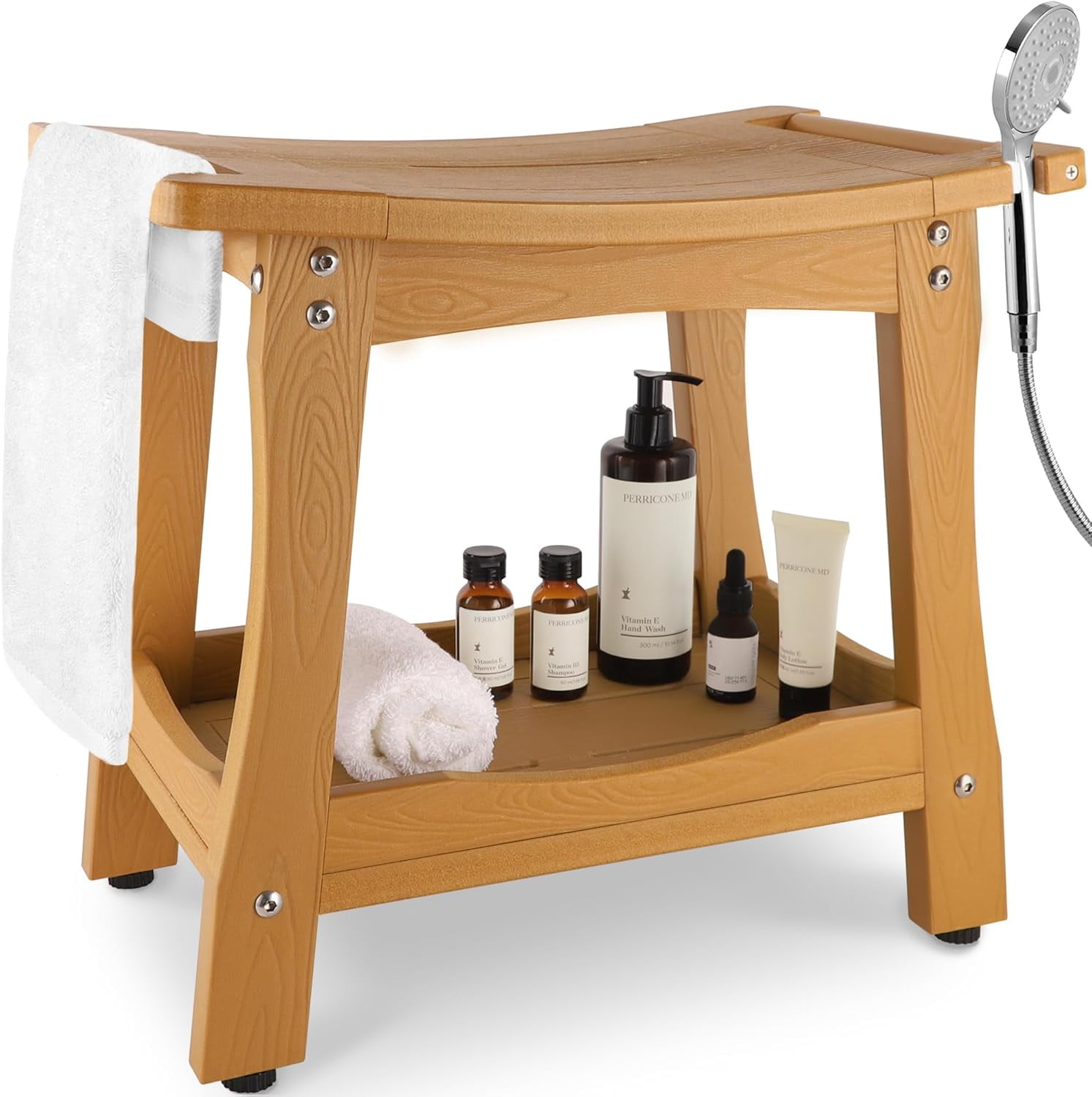 2-Tier Bathroom Shower Bench with Waterproof Storage Shelf, HDPE Towel ...