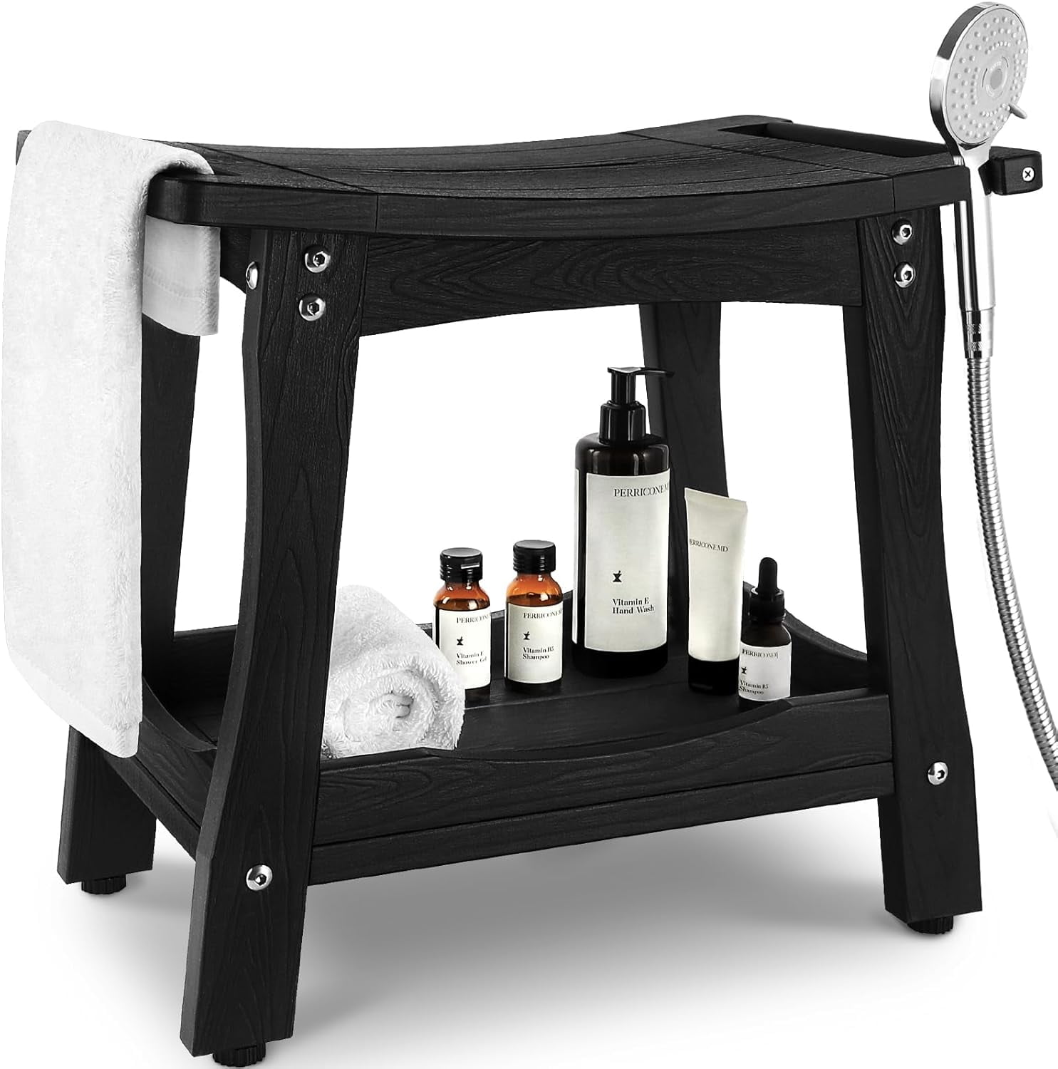 2-Tier Bathroom Shower Bench with Waterproof Storage Shelf, HDPE Towel ...
