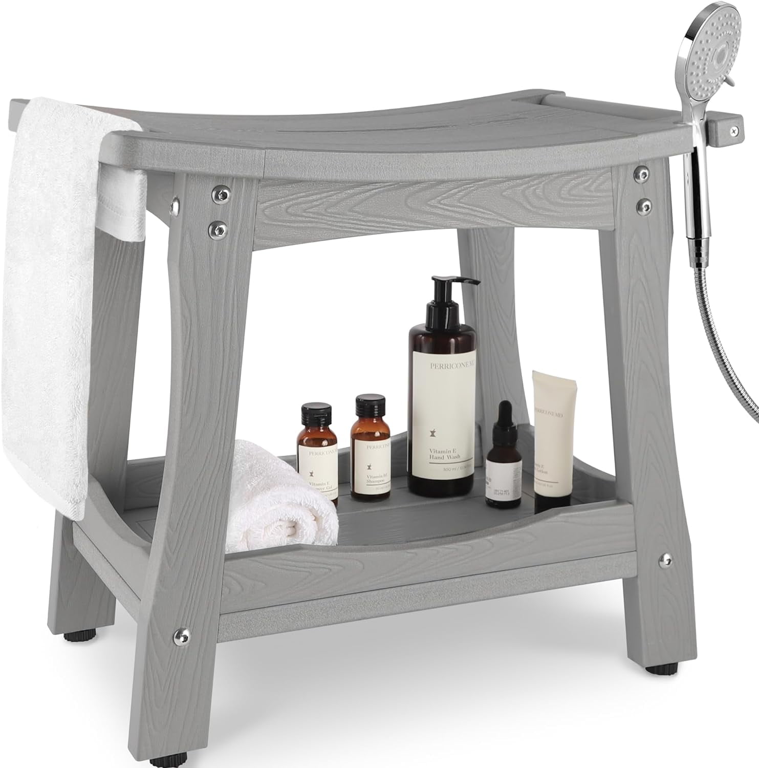 2-Tier Bathroom Shower Bench with Waterproof Storage Shelf, HDPE Towel ...