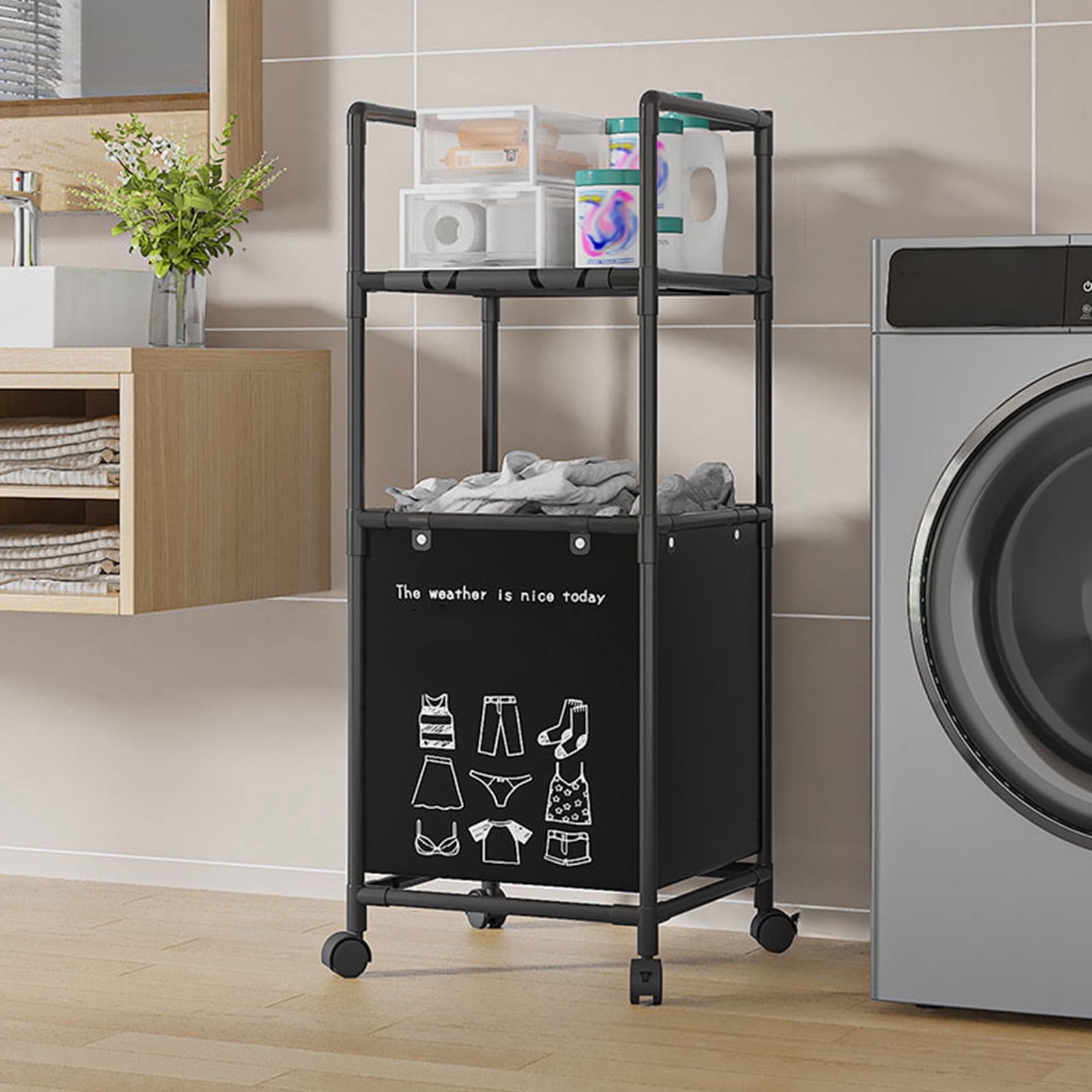 2-Tier Bathroom Storage Rack with Laundry Hamper | White Space-Saving ...