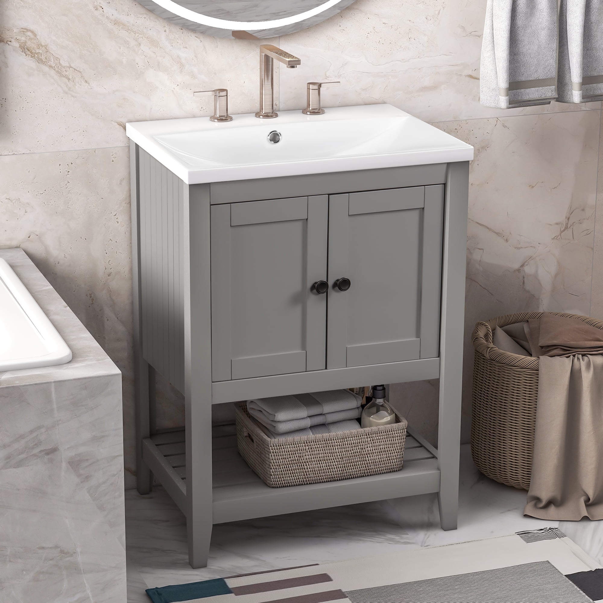 2-Tier Bathroom Vanity with Ceramic Sink Combo, Grey, 24" Modern ...