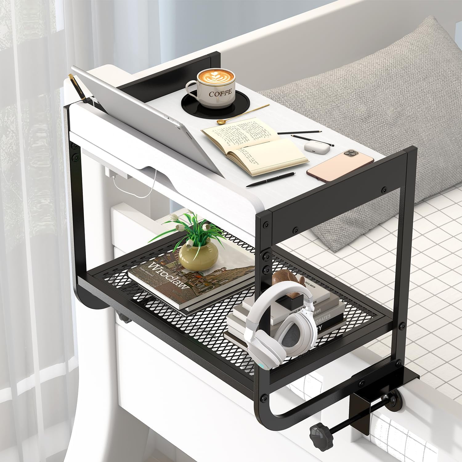 2 Tier Bedside Shelf for Bed & Top Bunk, Large Bunk Bed Shelf, College ...