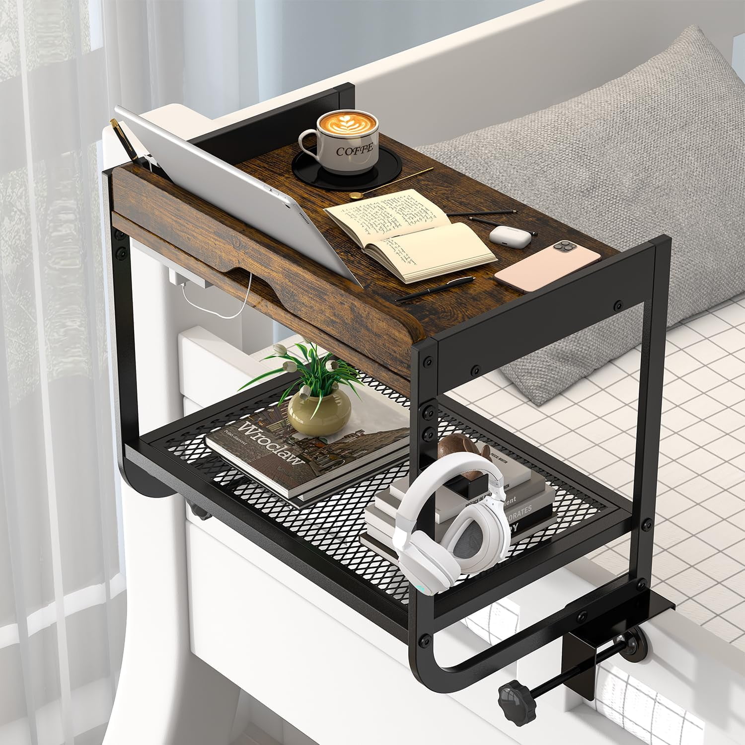2 Tier Bedside Shelf for Dorm Bed & Top Bunk - Large Bunk Bed Shelf ...