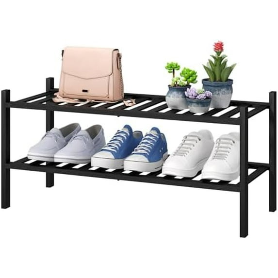 2-Tier Black Bamboo Shoe Rack for Entryway, Stackable | Foldable ...