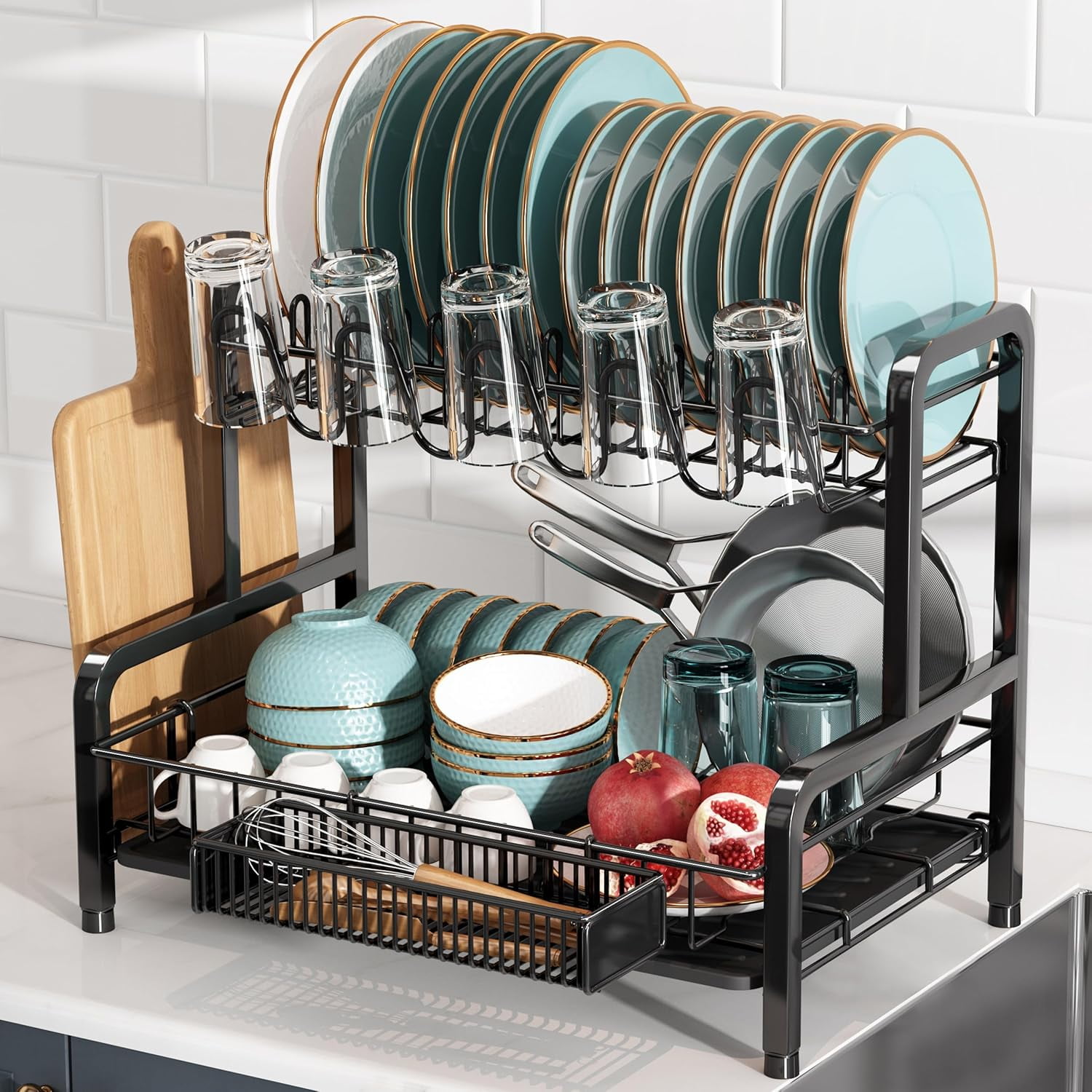 2 Tier Black Large Stainless Steel Dish Drainers Drying Rack for ...