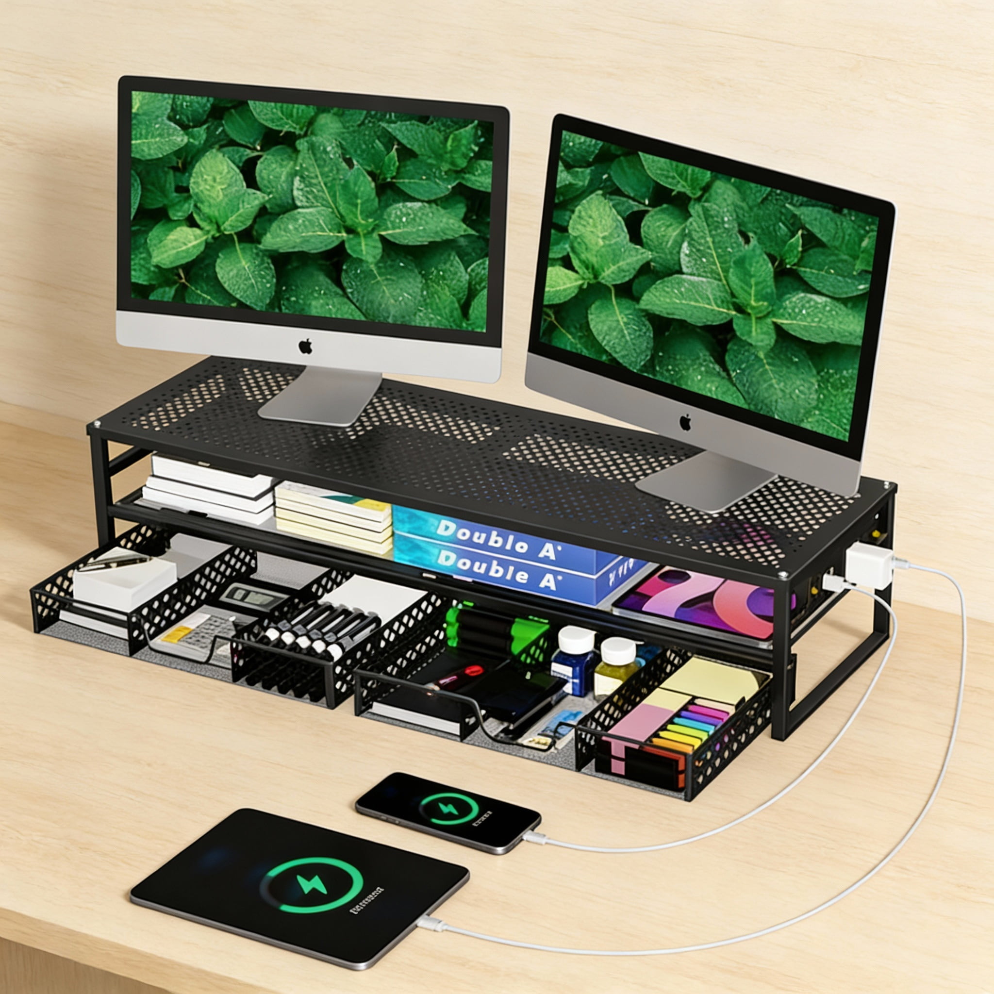 2-Tier Black Metal Monitor Stand Riser with USB 2.0 Charging Port, 2 ...