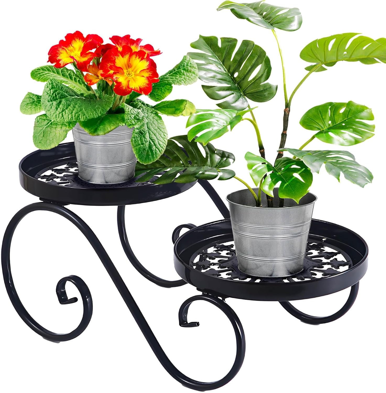 2 Tier Black Plant Stand, Metal Flower Stand Indoor Outdoor, Anti-Rust ...