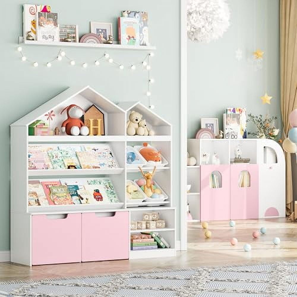 2 Tier Book Shelf with 2 Drawers and 4 Mobile Toy Boxes - Toy Organizer ...