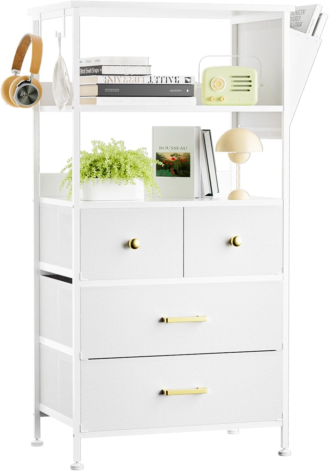 2 Tier Bookshelf with 4 Drawer, Tall Bookcase with Shelves, Wood and ...