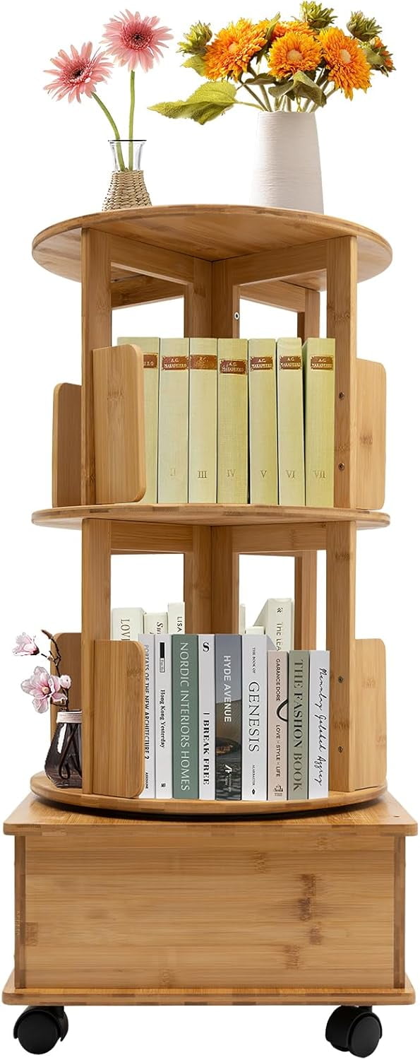 2-Tier Bookshelf, Multi Storage Table 360° Rotating End Table Storage ...