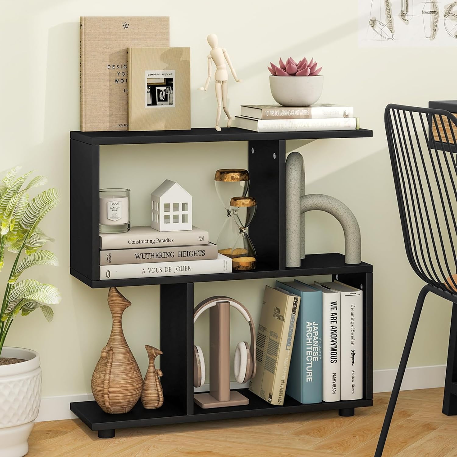 2 Tier Bookshelf, S Shaped Bookcase w/Staggered Storage, Display Shelf ...