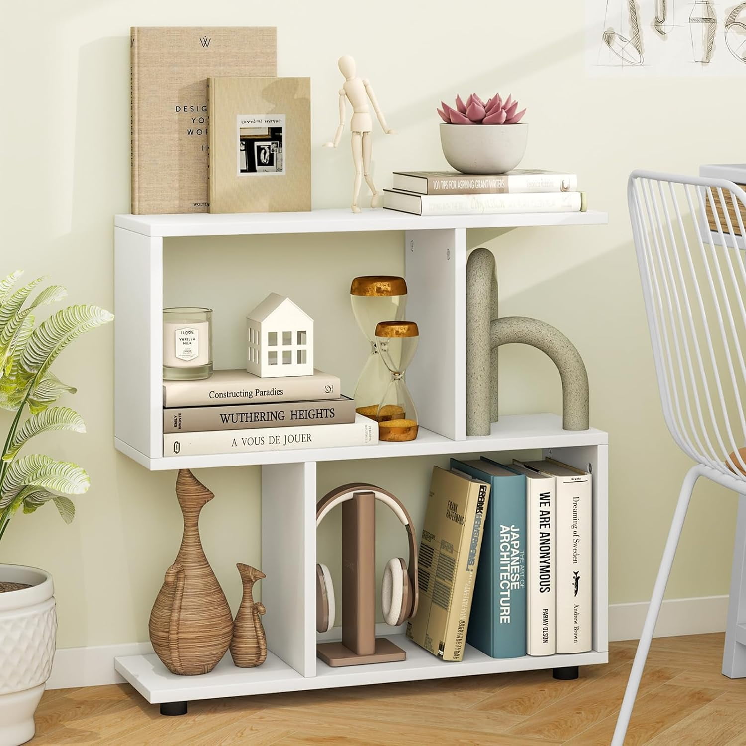 2 Tier Bookshelf, S Shaped Bookcase w/Staggered Storage, Display Shelf ...