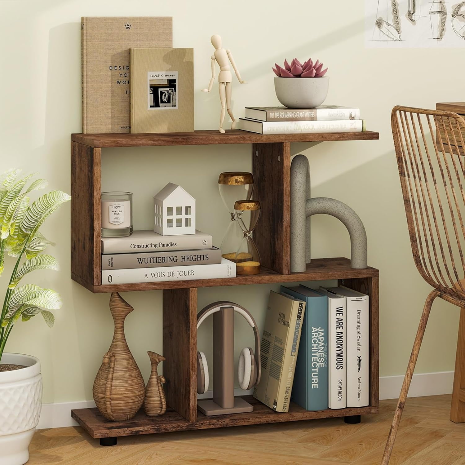 2 Tier Bookshelf, S Shaped Bookcase w/Staggered Storage, Display Shelf ...