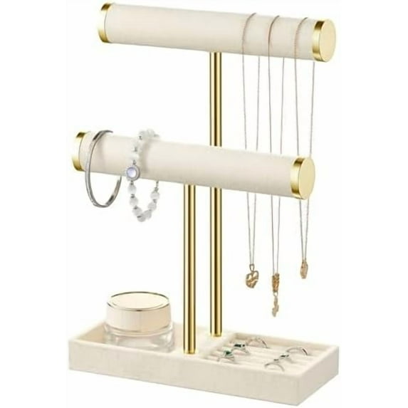 2 Tier Bracelet Holder Display - Detachable T Bar Beige Velvet Bracelet ...