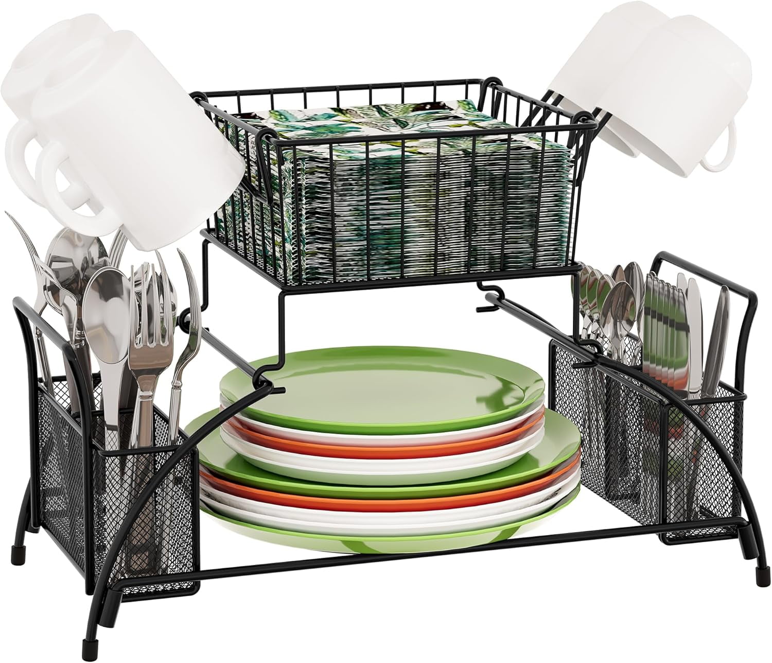 2 Tier Buffet Caddy Silverware Flatware Organizer with Mug Holder for ...