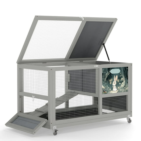 2-Tier Bunny Hutch, Wood Rabbit Cage on Wheels with Openable Roof, Ramp ...
