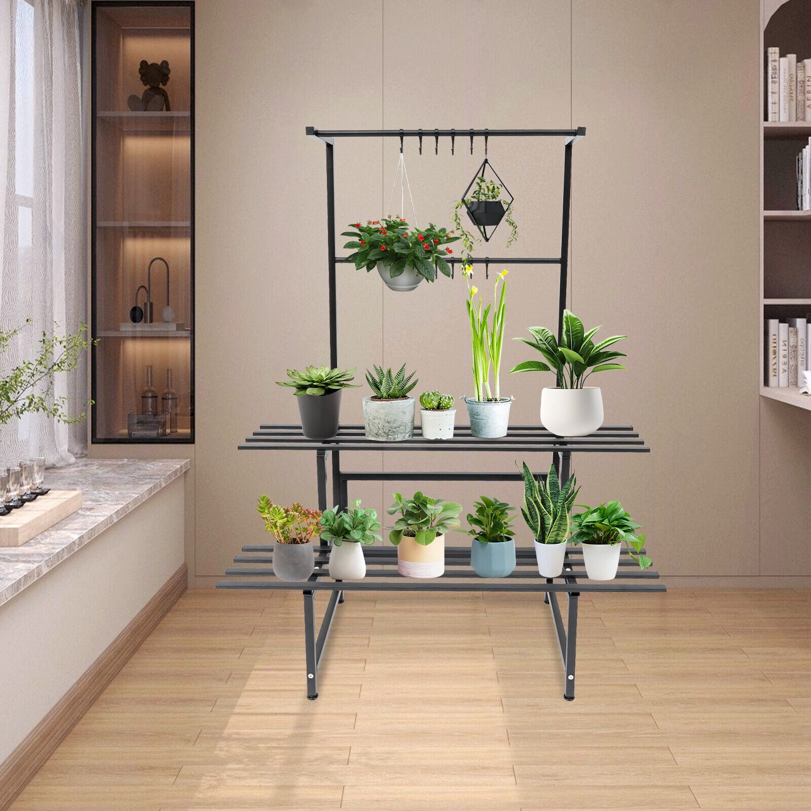 2 Tier Carbon Steel Plant Stand Rectangular Plant Holder with Hanging ...