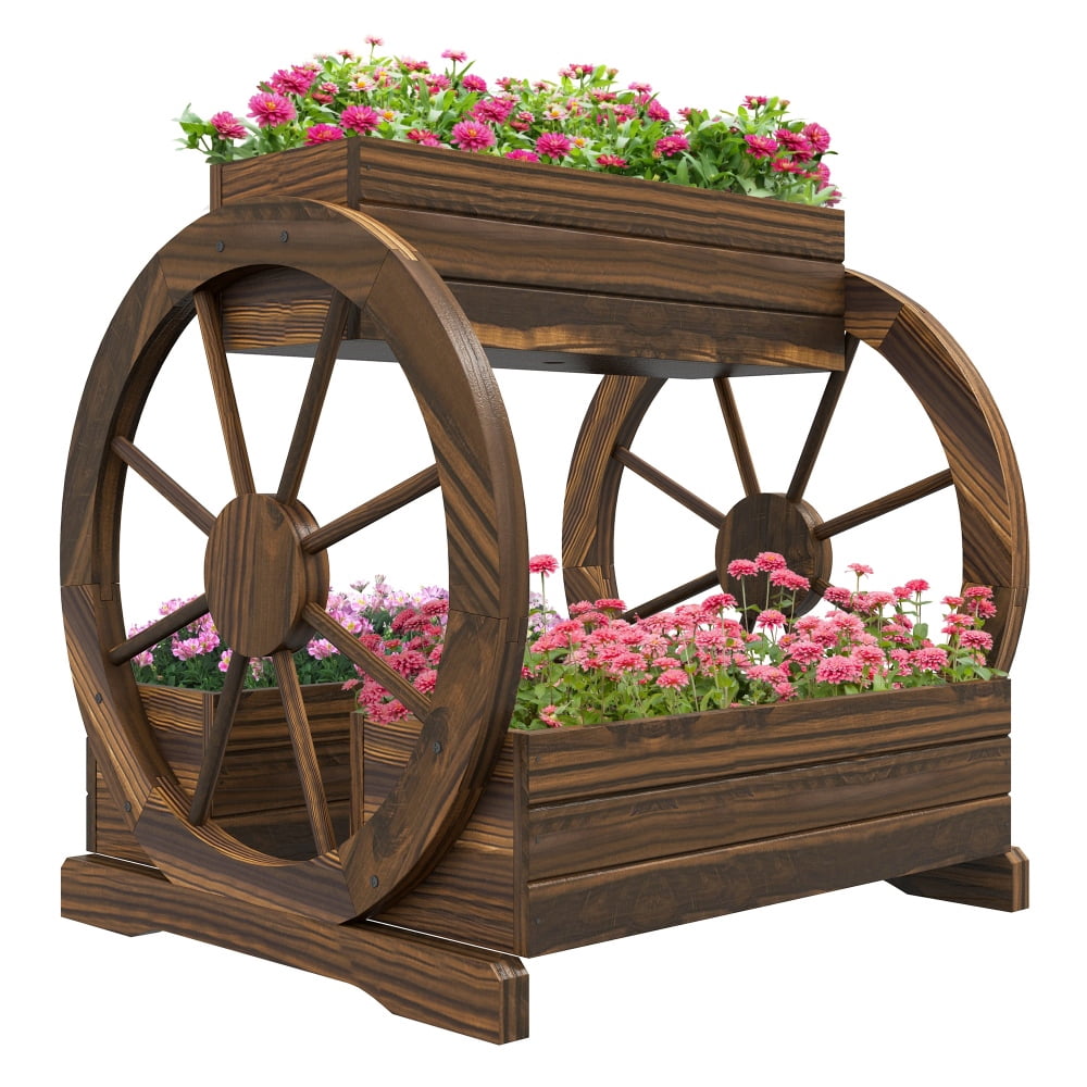 2-Tier Carbonized Brown Fir Wooden Wagon Style Raised Garden Planter ...