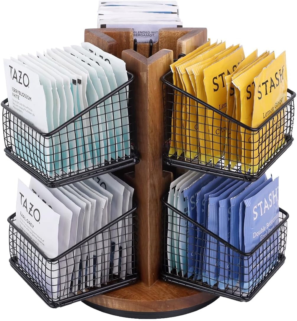 2-Tier Carousel Tea Bag Organizer with 6 Removable Baskets & Acacia ...