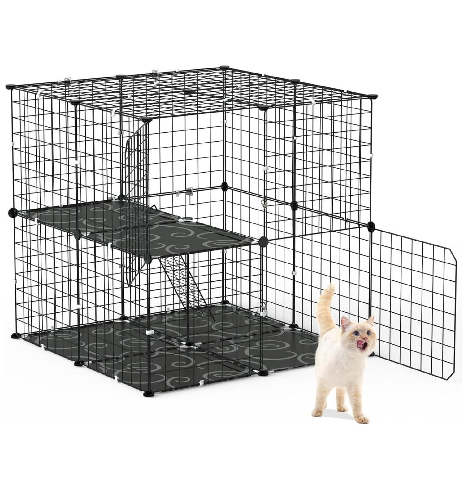 2-Tier Cat Cage with Ladder, Indoor Cat Playpen - Spacious Cat Crate ...
