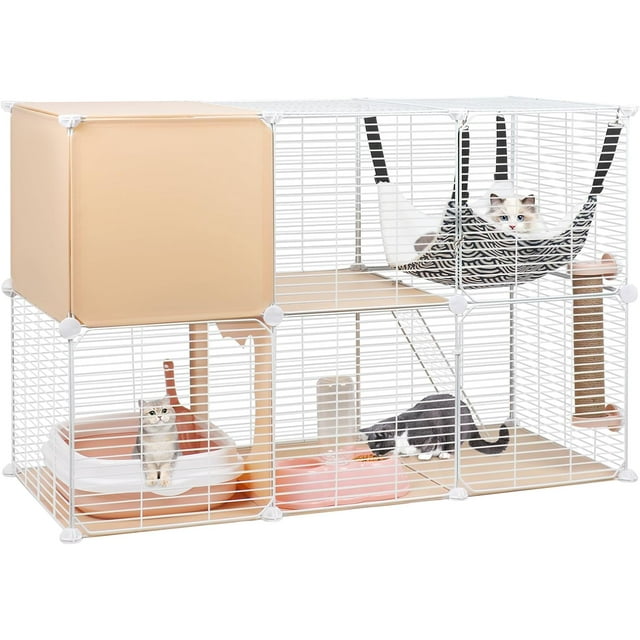 2-Tier Cat Cages Indoor, DIY Metal Wire Cat Kennel Enclosure Pet Home ...