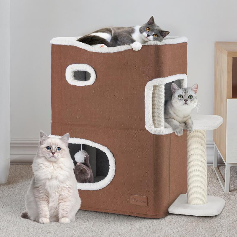 2-Tier Cat House, Indoor Cat Cave Bed Playhouse, Cat Tunnels with Scratch Pad and Hideaway Cube ...