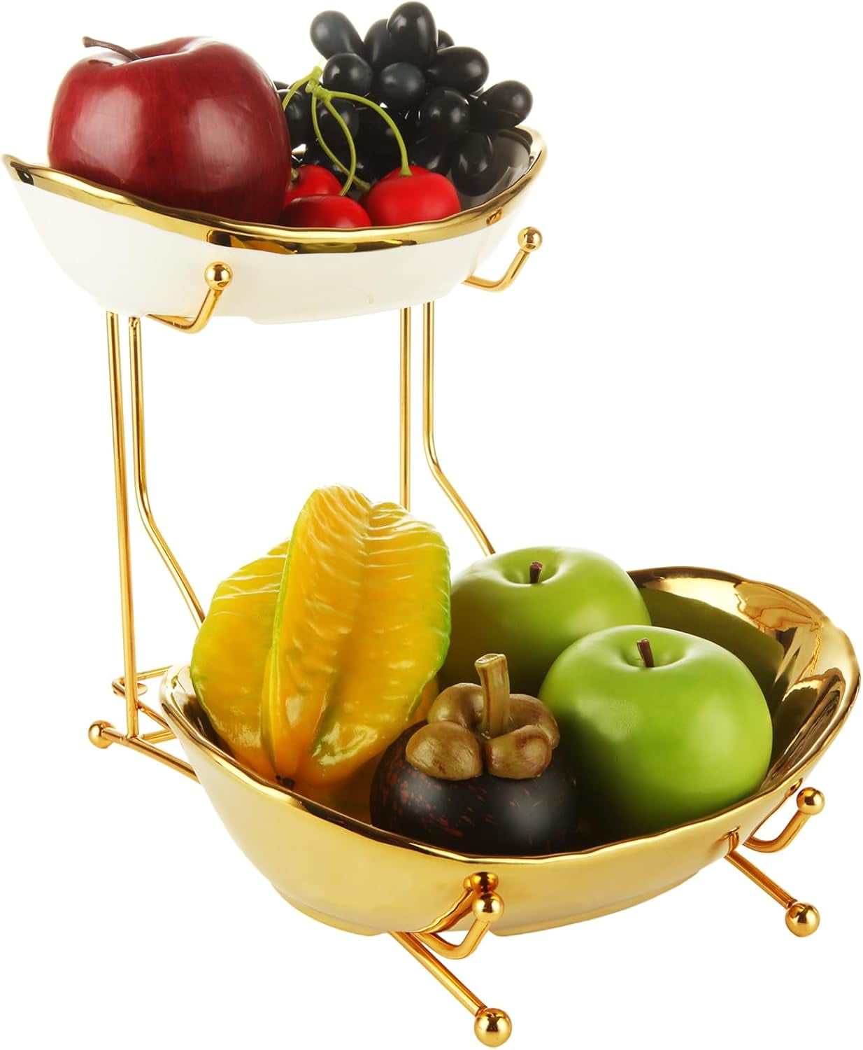 2 Tier Ceramic Fruit Bowl for Kitchen Counter, Serving Bowls with Metal ...