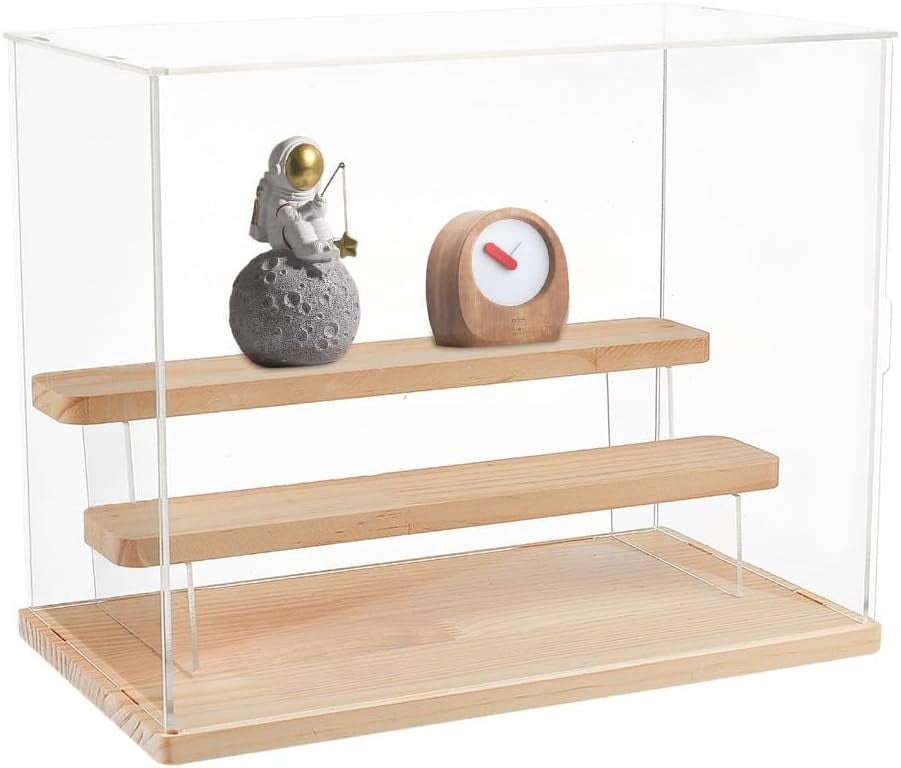2-Tier Clear Display Case Acrylic Box 12.5×7×9.8 Inch Wooden Tiered ...