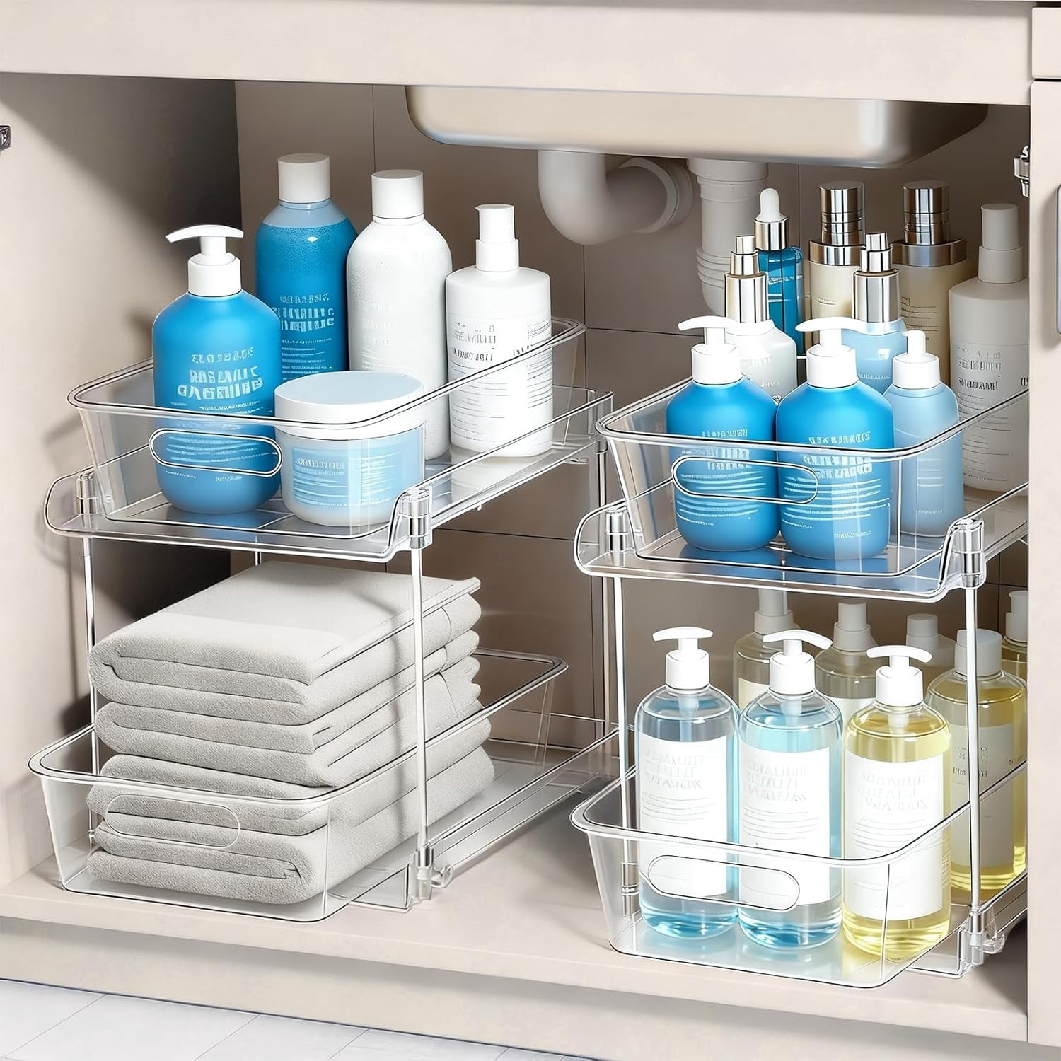 2-Tier Clear Under Sink Organizers and Storage, 2 Pack Pull-Out Cabinet ...