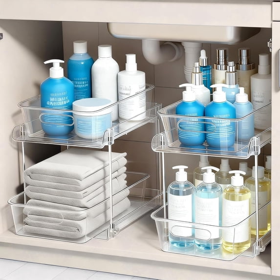 2-Tier Clear Under Sink Organizers and Storage, 2 Pack Pull-Out Cabinet ...