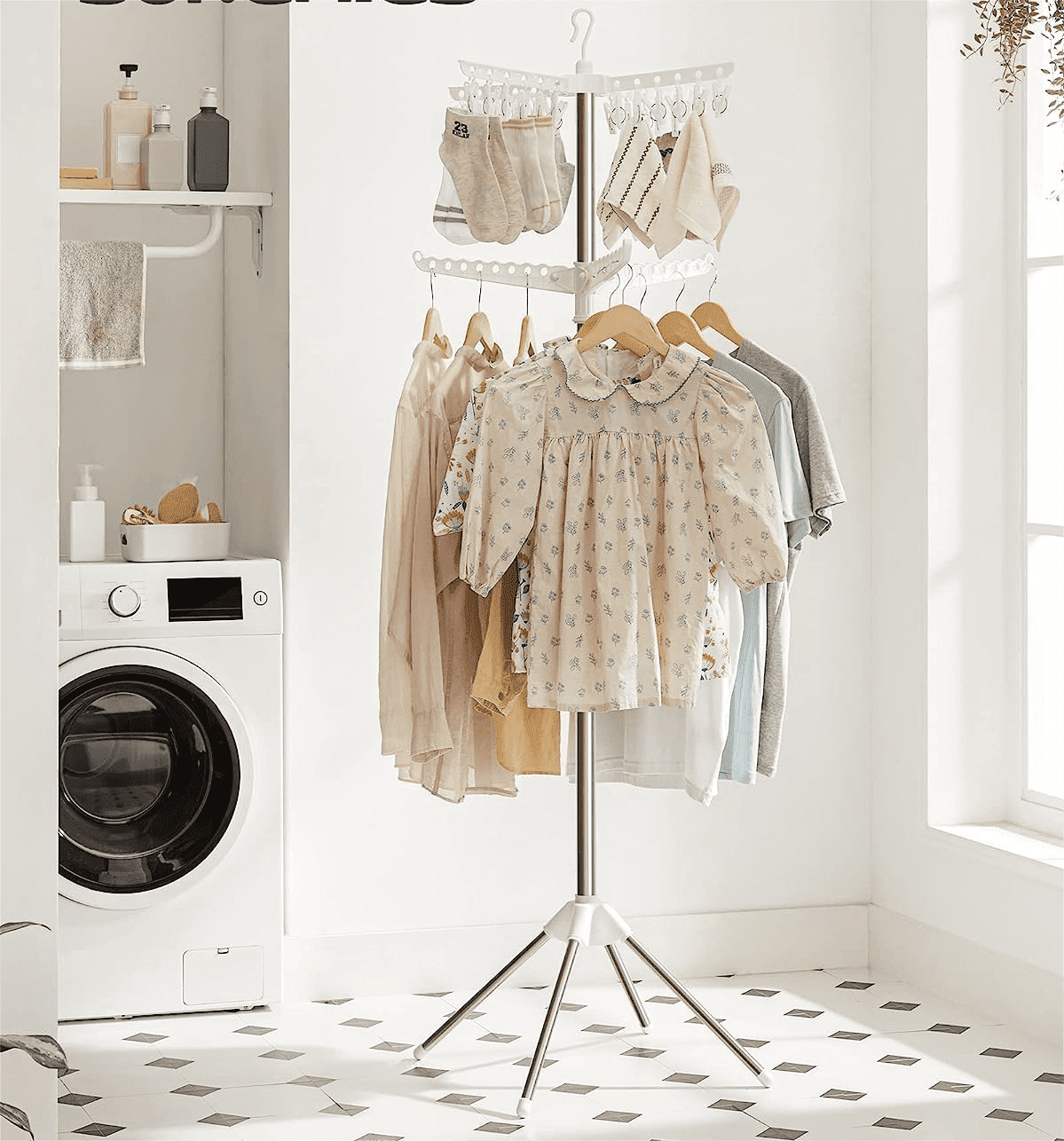 SONGMICS 2-Tier Laundry Rack, Foldable, 27 Clips, 3 Rotatable Arms ...