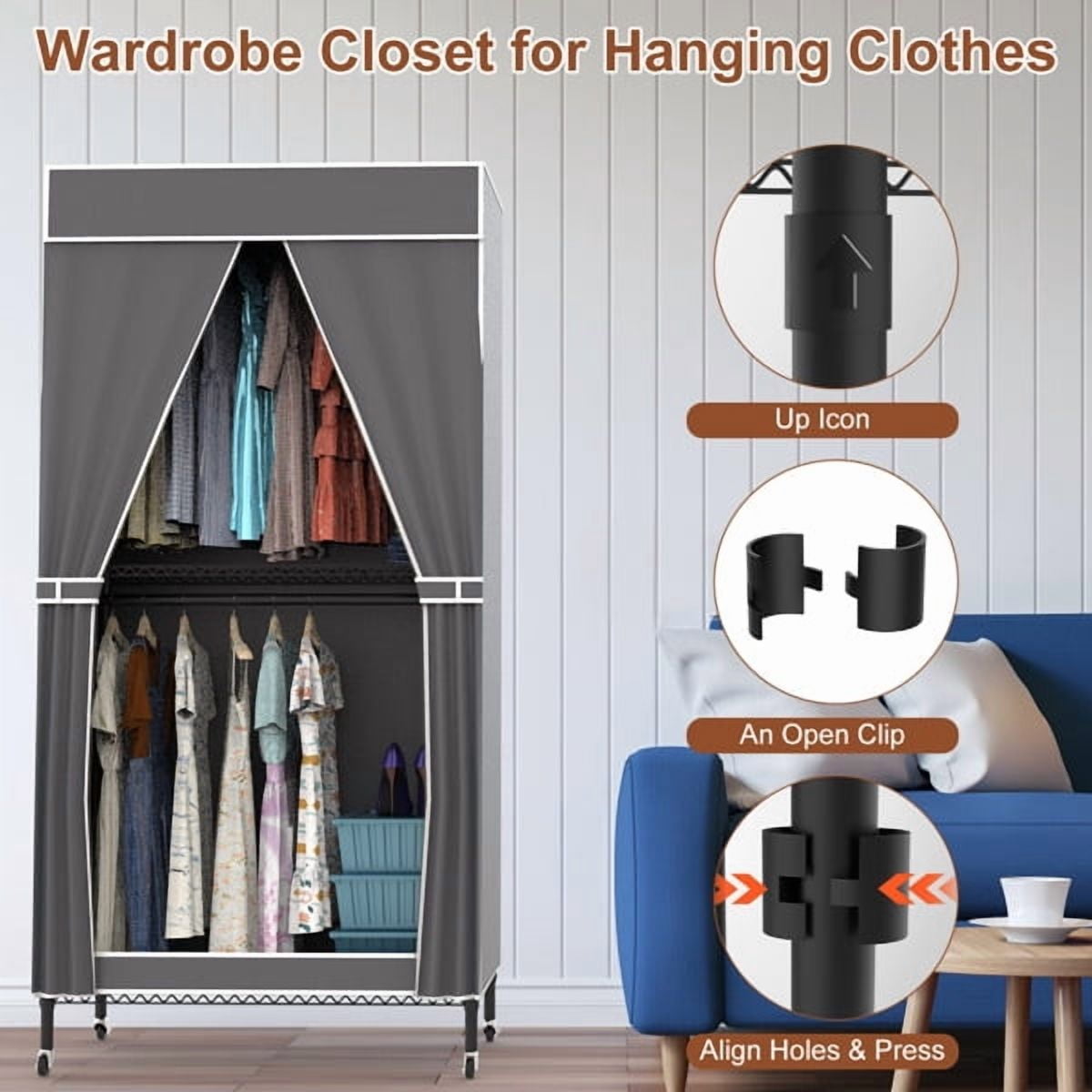 2 Tier Clothing Rack With Cover Portable Wardrobe Closet Covered ...
