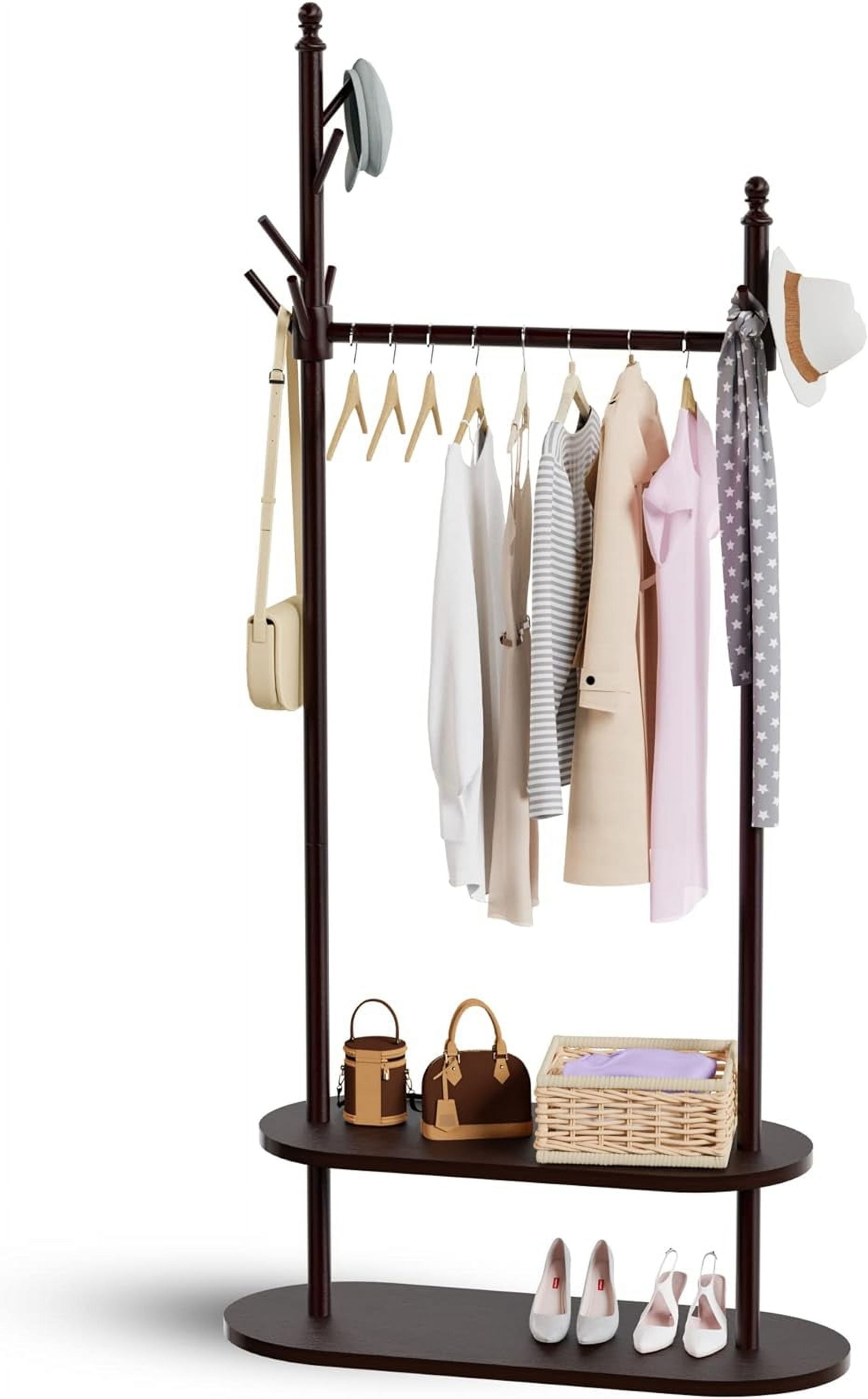 2-Tier Coat Rack Freestanding, Easy Assemble 8 Hooks Wooden Coat Rack ...