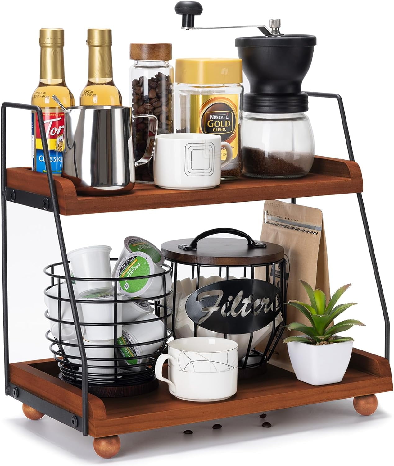 2 Tier Coffee Bar Accessories and Organizer Shelf,Wooden Coffee Station ...