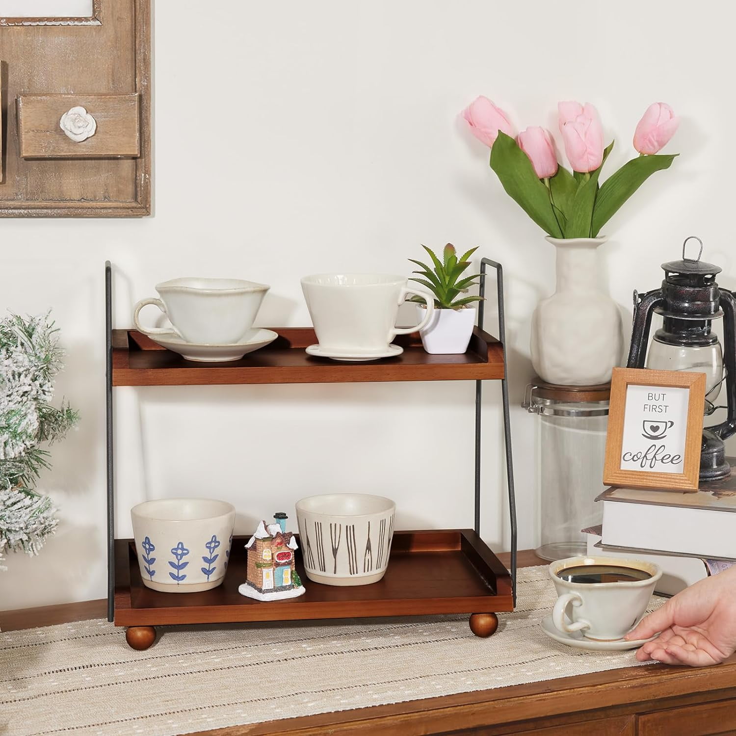 2 Tier Coffee Bar Accessories and Organizer Shelf,Wooden Coffee Station ...