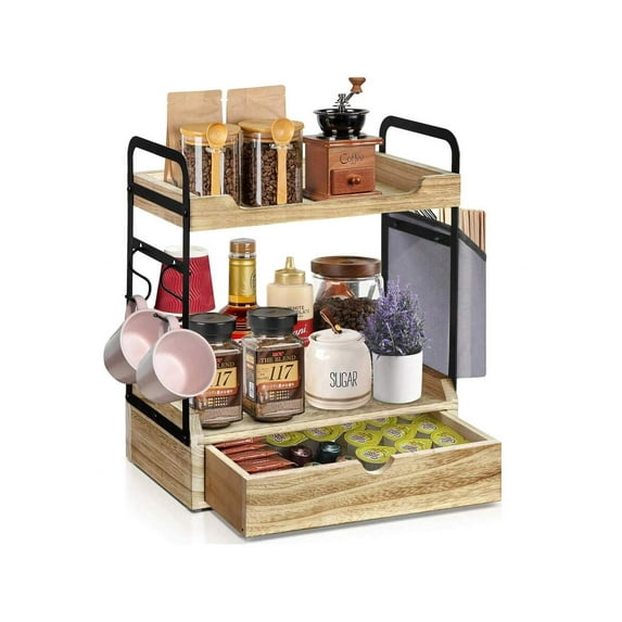 2 Tier Coffee Bar Accessories Station, Wood Kitchen Countertop ...