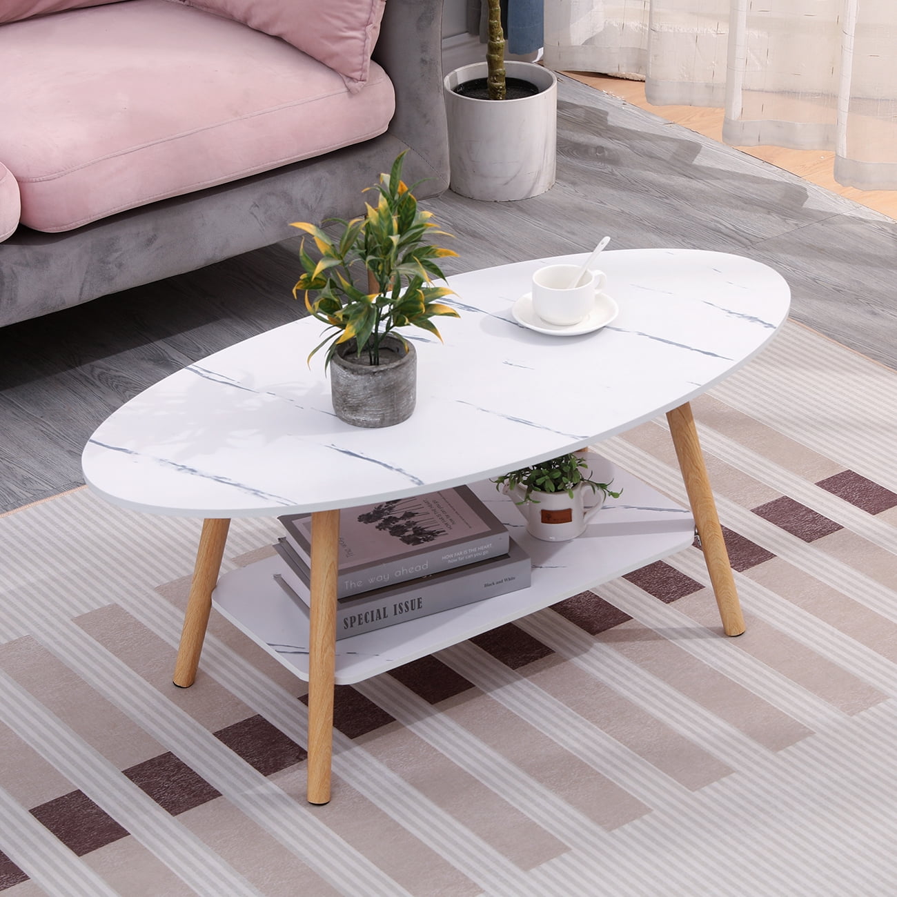 Anlsey&HosHo 2 Tier Living Room Coffee Table, Modern Oval Faux Marble ...