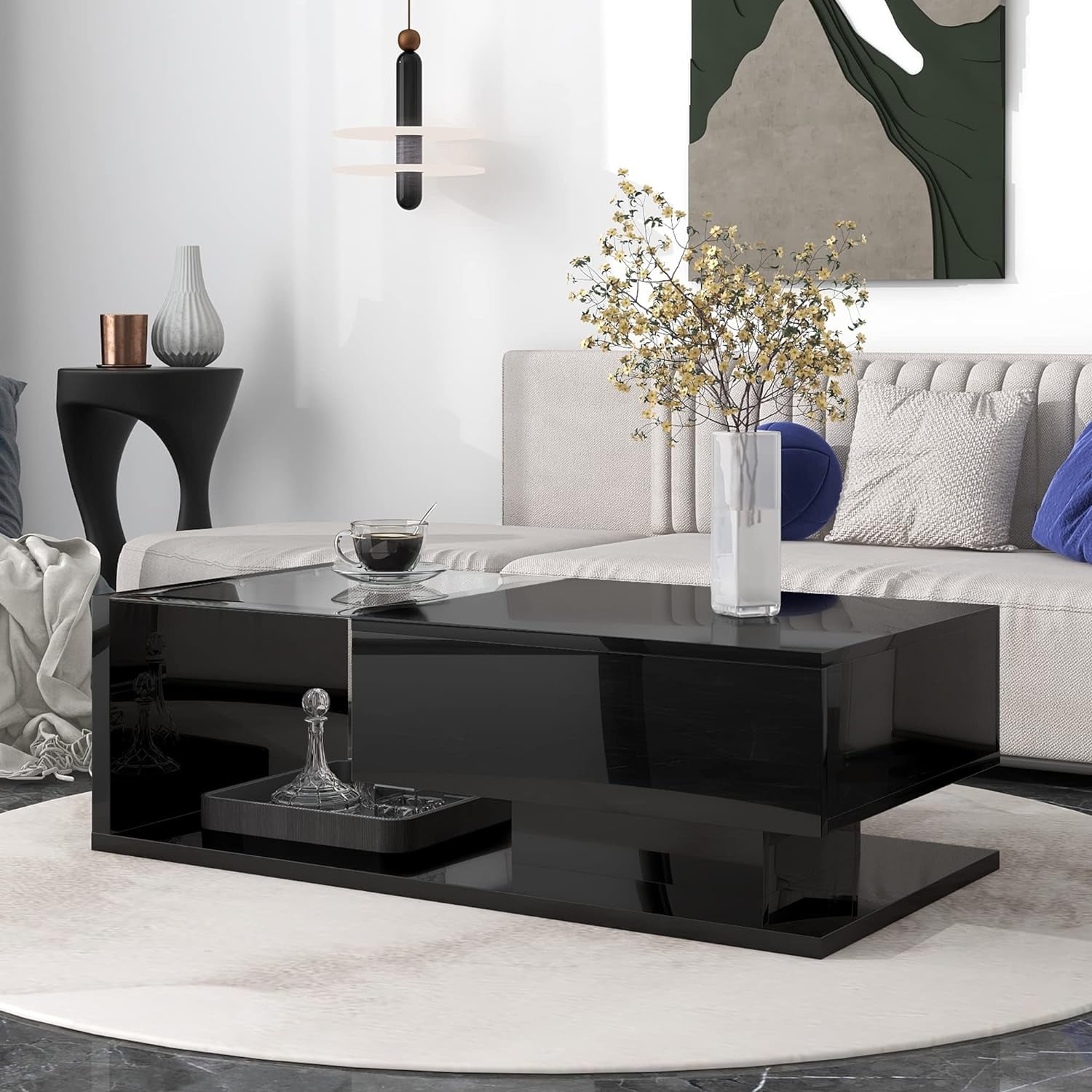2-Tier Coffee Table with Drawer & Storage Open Shelf, Rectangular ...