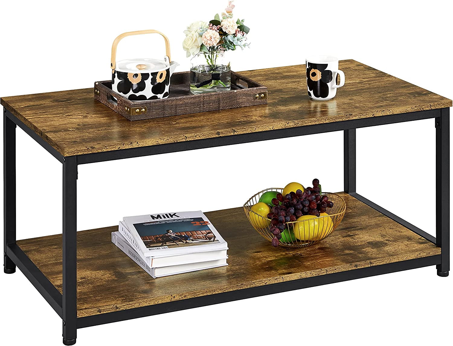 2-Tier Coffee Table, Industrial Wood Coffee Table with Storage Shelf for Living Room, Rectangle ...