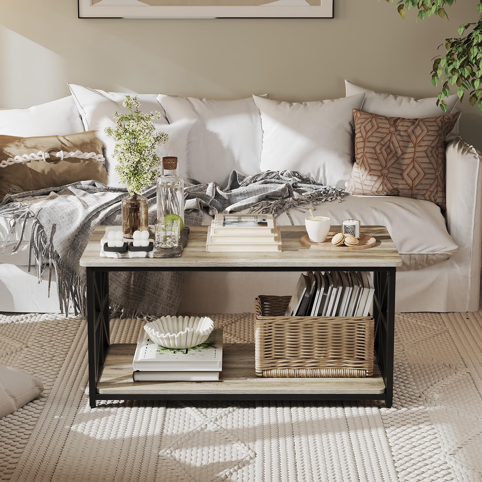 2 Tier Coffee Table for Living Room, 39 inch Side Table with Storage ...