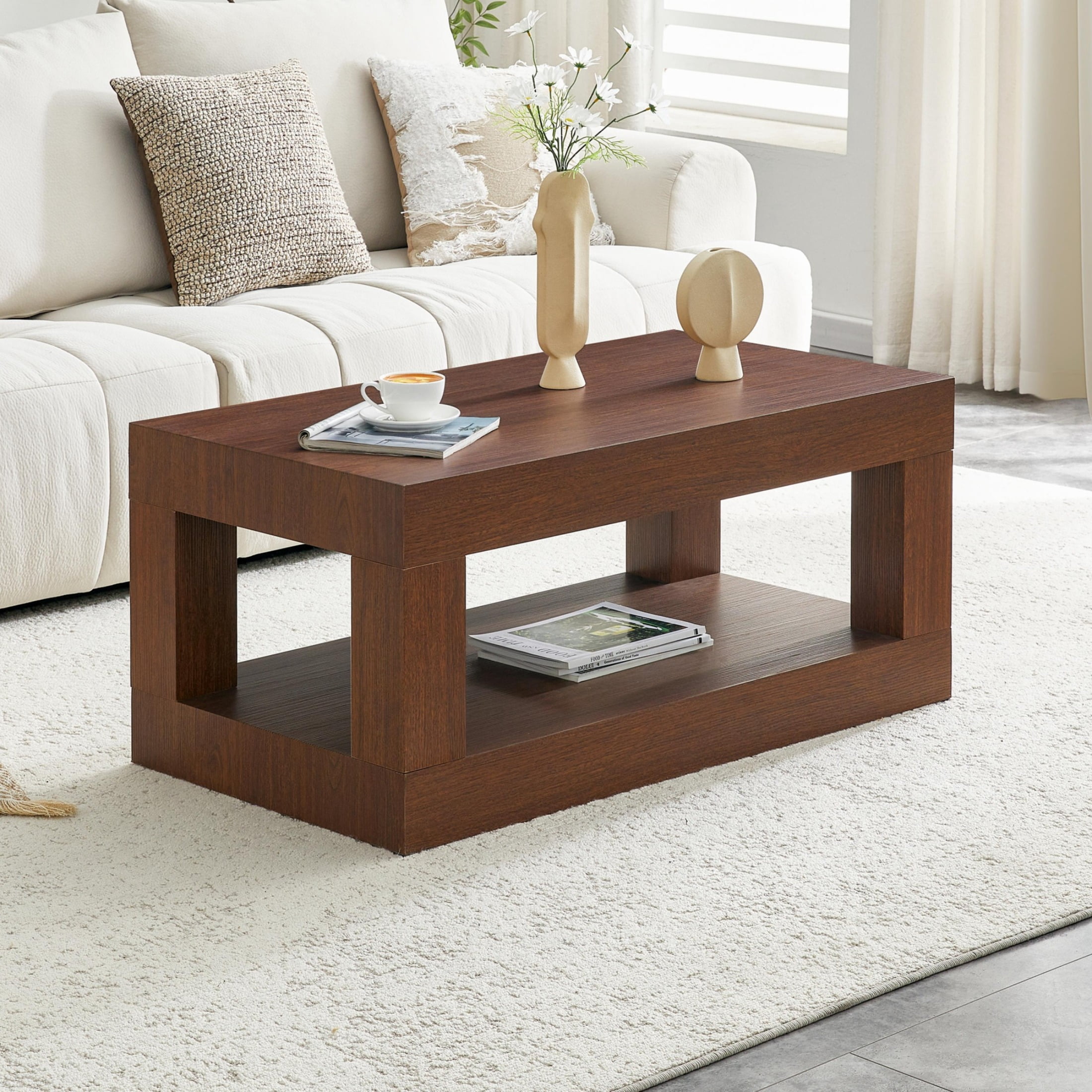 2-Tier Coffee Table, MDF Coffee Table with Open Storage Shelf ...