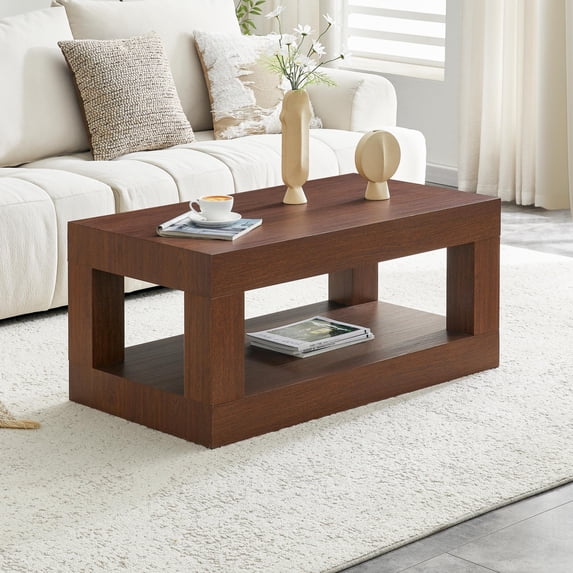 2-Tier Coffee Table, MDF Coffee Table with Open Storage Shelf ...