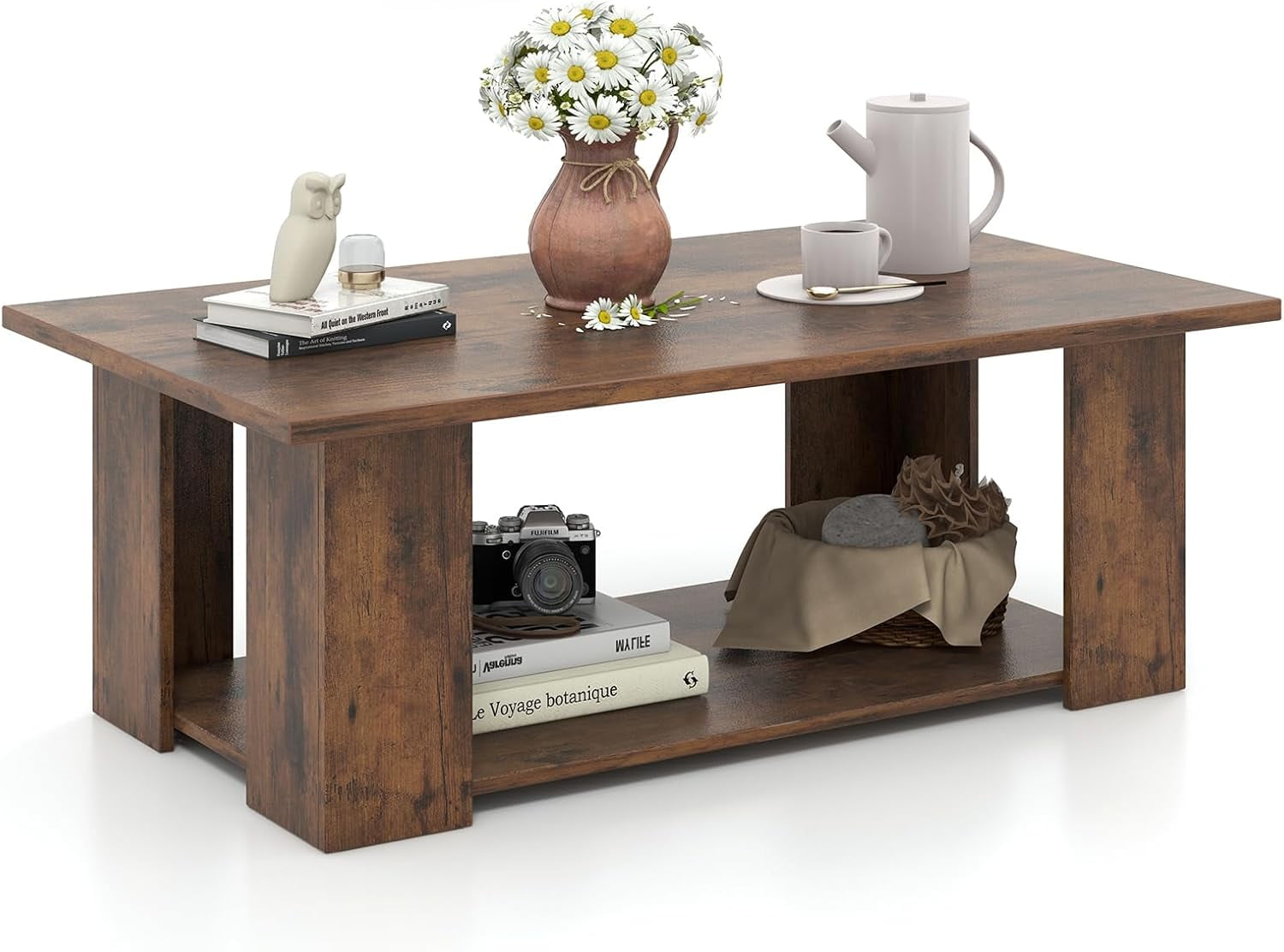 2-Tier Coffee Table, Modern Rectangular Center Cocktail Table with 5 ...