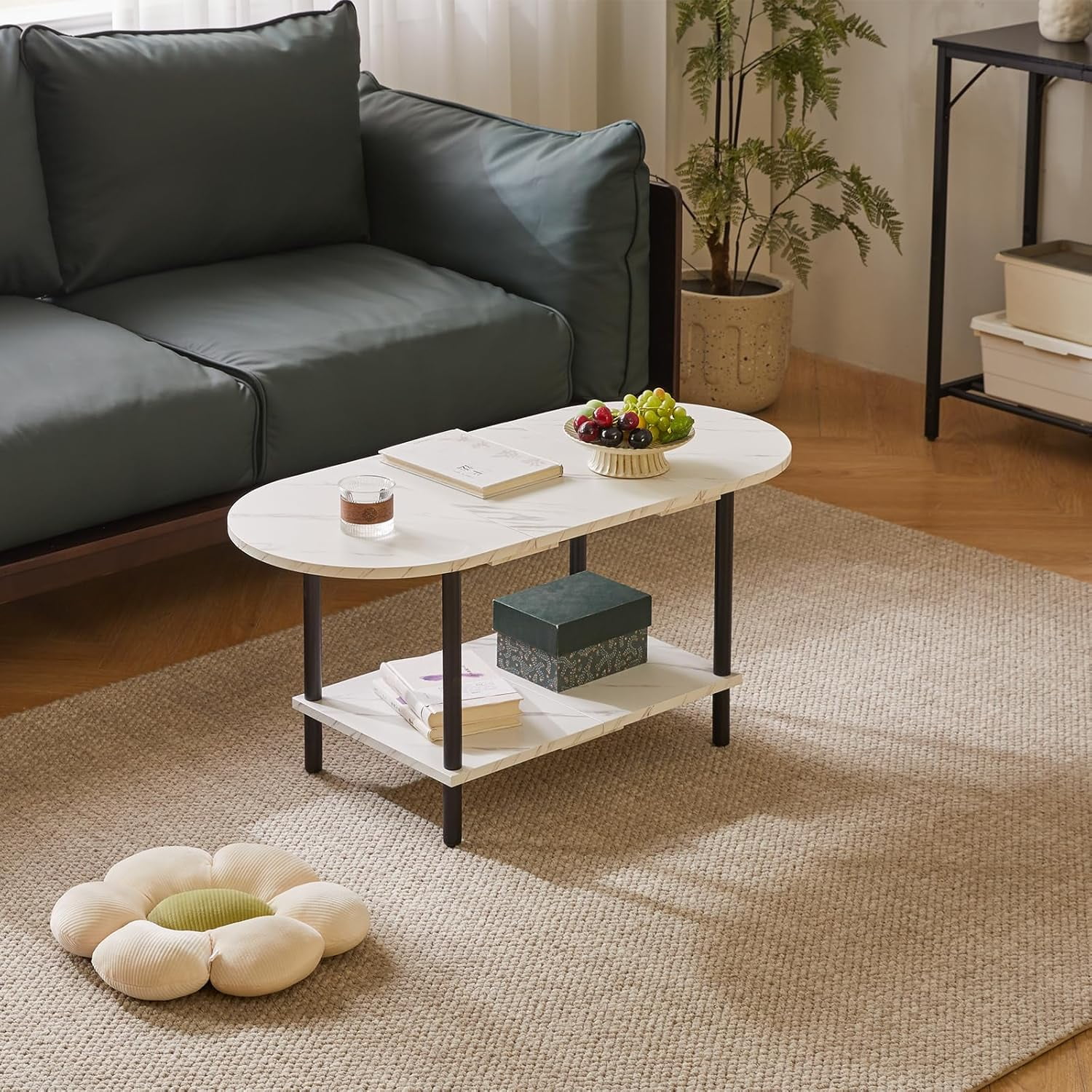 2 Tier Coffee Table with Open Storage Shelf, Oval Wood Tea Table 17 ...